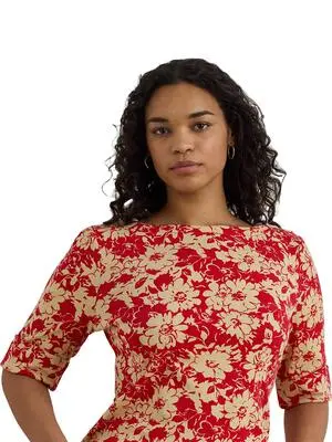 Ralph Lauren Floral Stretch Cotton Boatneck Tee - Red/tan