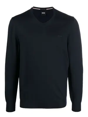 BOSS Logo-embroidered V-neck Jumper - Blue