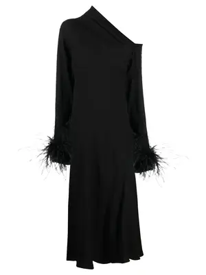 16Arlington Feather-trim One-shoulder Midi Dress - Black