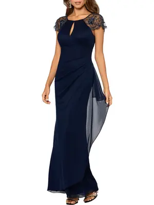 XSCAPE EVENINGS Xscape Evenings Crystal Contrast Long Sleeve Gown Navy