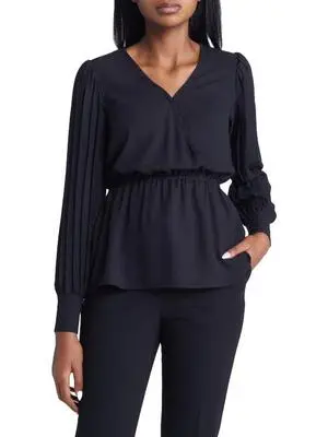 Anne Klein Pleated Sleeve Peplum Blouse - Anne Black