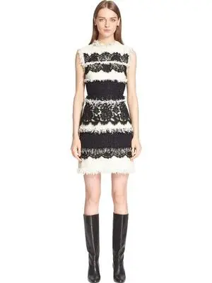 LANVIN Tweed And Lace Sleeveless Sheath Dress - Ivory/black
