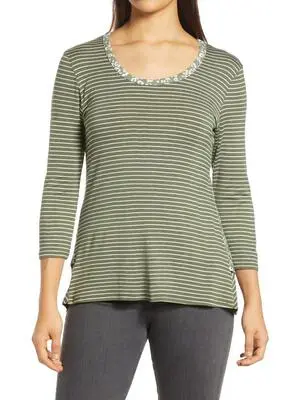 Loveappella Leopard Stripe Peplum Top - Olive/ivory