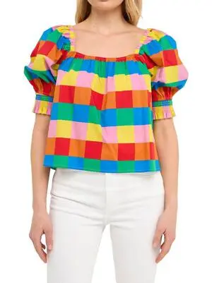 English Factory Rainbow Check Cotton Top - Multi