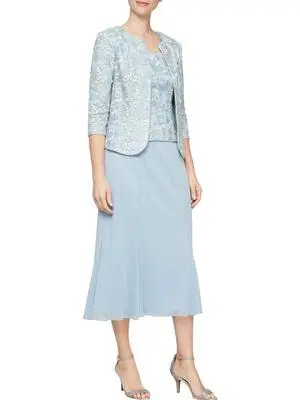Alex Evenings Lace Bodice Midi Dress With Jacket - Light Blue