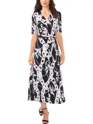 Chaus V-neck Tie-front Midi Dress - Black/white