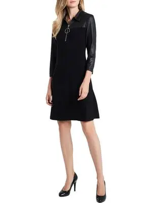 Chaus Faux Leather Mixed Media Shift Dress - Black