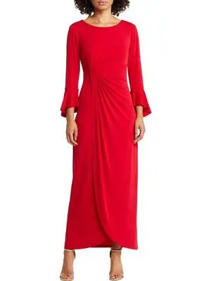 CONNECTED APPAREL Bell Sleeve Gathered Waist Gown - Apple Red