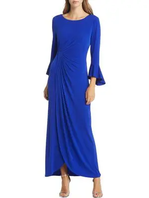 CONNECTED APPAREL Bell Sleeve Gathered Waist Gown - Deep Cobalt
