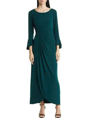 CONNECTED APPAREL Bell Sleeve Gathered Waist Gown - Hunter