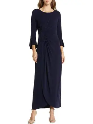 CONNECTED APPAREL Bell Sleeve Gathered Waist Gown - Navy