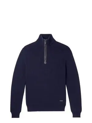 Loro Piana Leather-trimmed Ribbed Wool Half-zip Sweatshirt - Blue