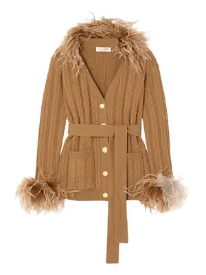 Valentino Garavani Belted Feather-trimmed Wool Cardigan - Brown