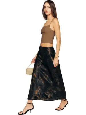 REFORMATION Layla Silk Midi Skirt Night Garden