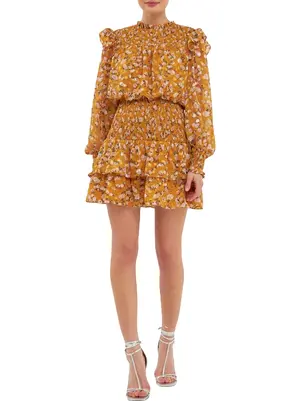 Endless Rose Floral Print Shirred Chiffon Minidress - Mustard