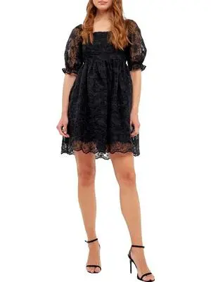 Endless Rose Floral Embroidered Babydoll Dress - Black