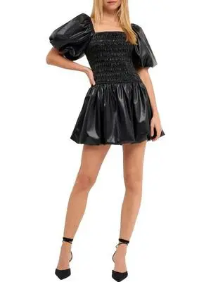 Endless Rose Smocked Faux Leather Babydoll Dress - Black