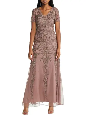 Pisarro Nights Pisarro Nights Beaded Chiffon Gown Mocha