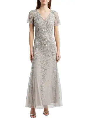 Pisarro Nights Pisarro Nights Beaded Chiffon Gown Silver 040