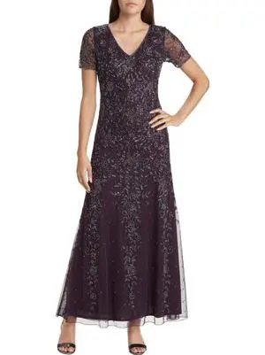 Pisarro Nights Pisarro Nights Beaded Chiffon Gown Wine