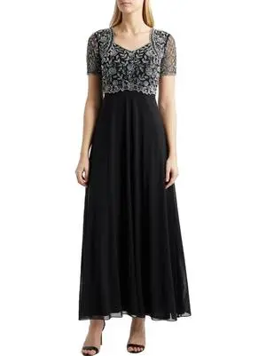 Pisarro Nights Beaded Bodice Gown - Black/ Silver 013