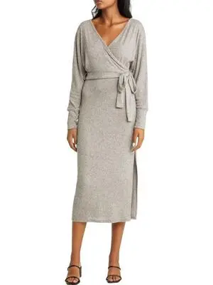 Loveappella Long Sleeve Faux Wrap Midi Dress - Natural