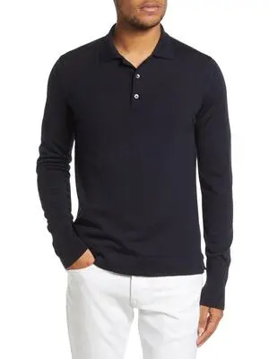 Officine Générale Brutus Long Sleeve Wool & Lyocell Polo - Navy