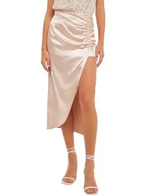 Endless Rose Side Slit Ruched Satin Midi Skirt - Beige