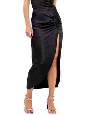 Endless Rose Endless Rose Side Slit Ruched Satin Midi Skirt Black