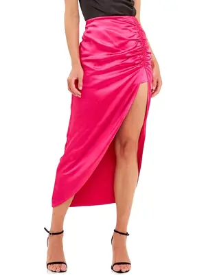 Endless Rose Endless Rose Side Slit Ruched Satin Midi Skirt Fuchsia