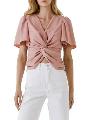 Endless Rose Twist Front Ruffle Sleeve Blouse - Dusty Rose