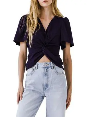 Endless Rose Twist Front Ruffle Sleeve Blouse - Navy