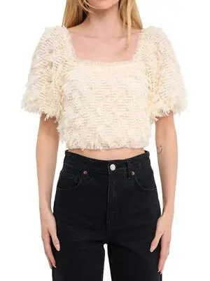 Endless Rose Puff Sleeve Mesh Crop Top - Cream