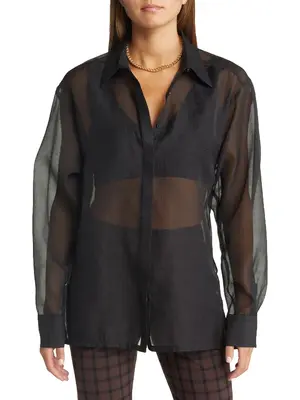 OPEN EDIT Sheer Button-Up Shirt Black