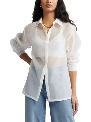 OPEN EDIT Sheer Button-Up Shirt Ivory Cloud