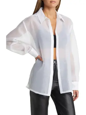 OPEN EDIT Sheer Button-Up Shirt White