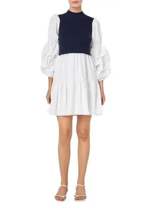 English Factory Mixed Media Tiered Dress - Navy/ White