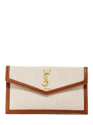 Saint Laurent Leather Uptown Clutch - Beige Cotton Canvas/gold