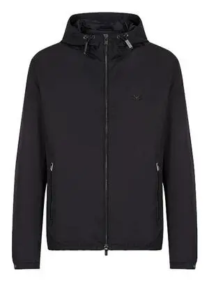 Emporio Armani Hooded, Water-repellent Nylon Blouson With Logo Patch - Navy