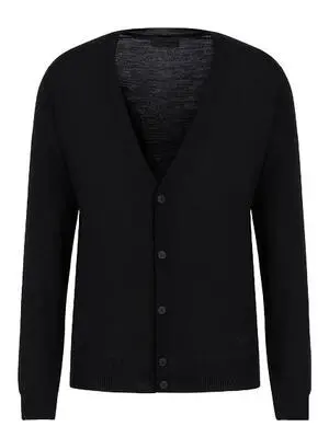 Emporio Armani Plain-knit Virgin Wool V-neck Cardigan - Black