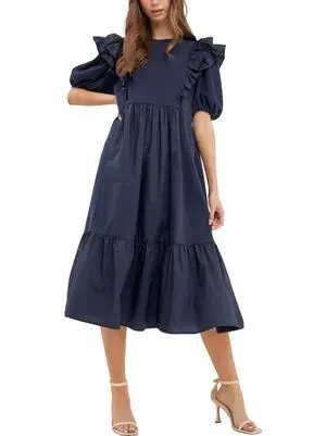 English Factory Ruffle Puff Sleeve Midi Dress - Navy