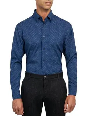 W.R.K Regular Fit Dot Print Performance Stretch Dress Shirt - Navy