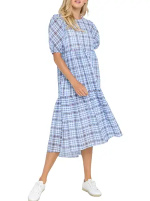 English Factory Check Tiered Midi Dress - Blue