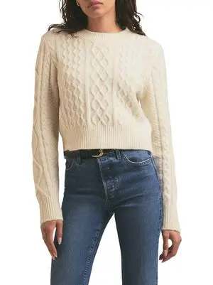 FAVORITE DAUGHTER Wool & Cashmere Blend Cable Crewneck Sweater - White Froth