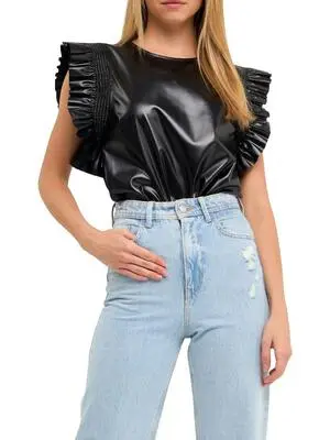 English Factory Faux Leather Ruffle Top - Black