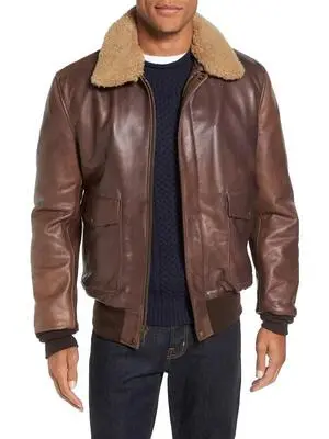 SCHOTT Cowhide Leather Bomber Jacket With Shearling Collar - Brown