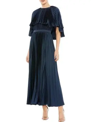 Mac Duggal Plissé Cape-sleeve Cocktail Dress - Midnight