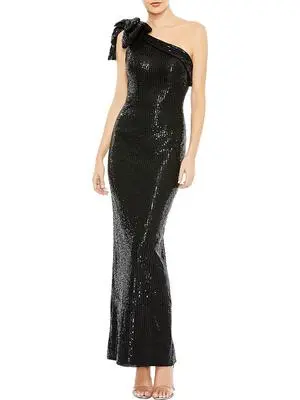 Mac Duggal Sequined Bow One-shoulder Gown - Black