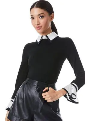 Alice + Olivia Justina Collared Sweater With Ruffled Sleeves - Black