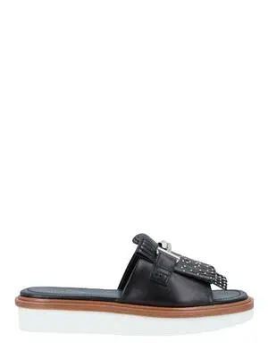 TOD'S Leather Slide Sandals With Studs And Fringes - Black
